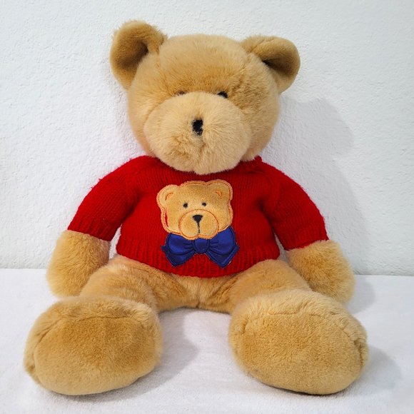 Toys | Plush Tan Teddy Bear With Red Sweater | Poshmark